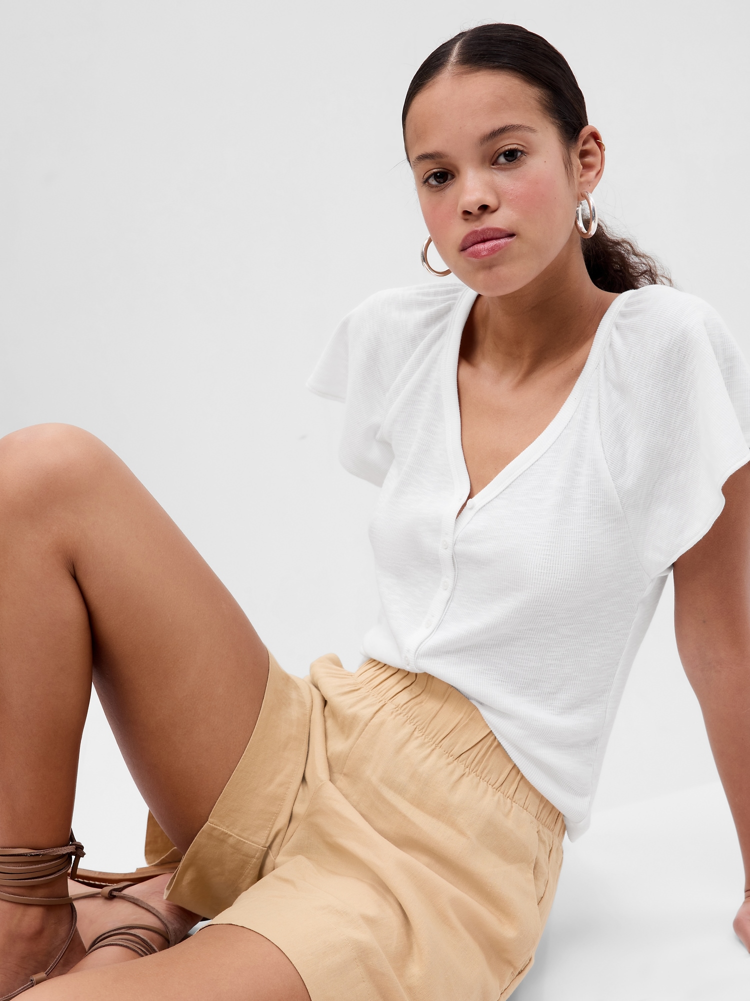 Essential Rib Flutter Sleeve Button-Front Top | Gap