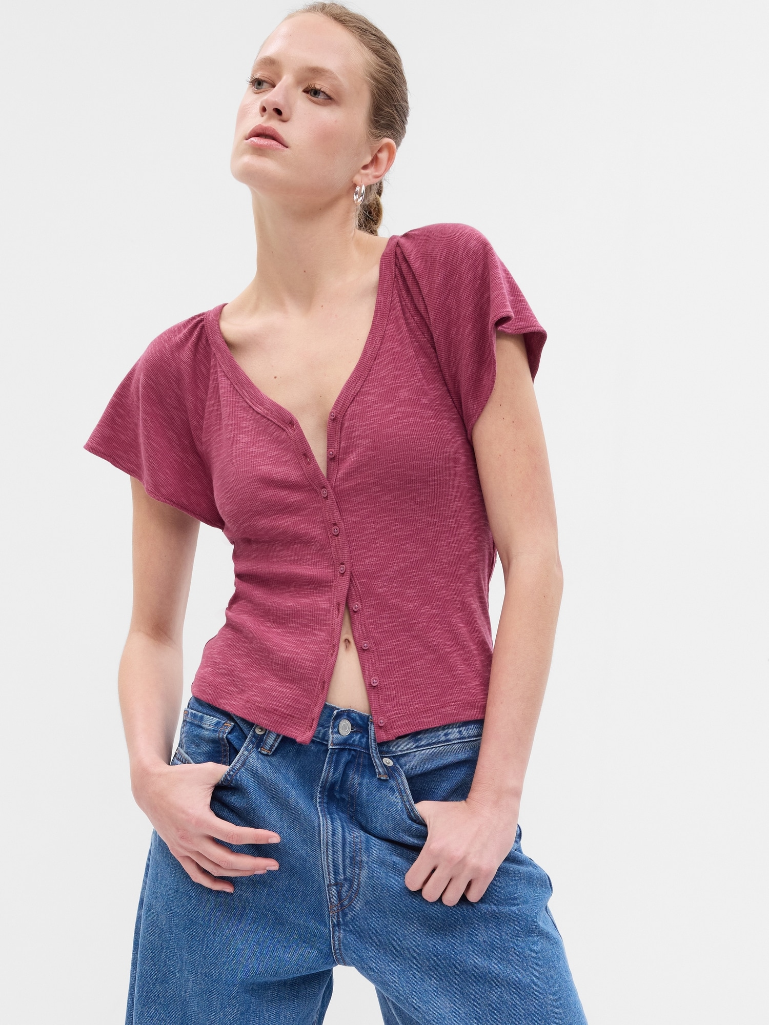 Essential Rib Flutter Sleeve Button-Front Top | Gap