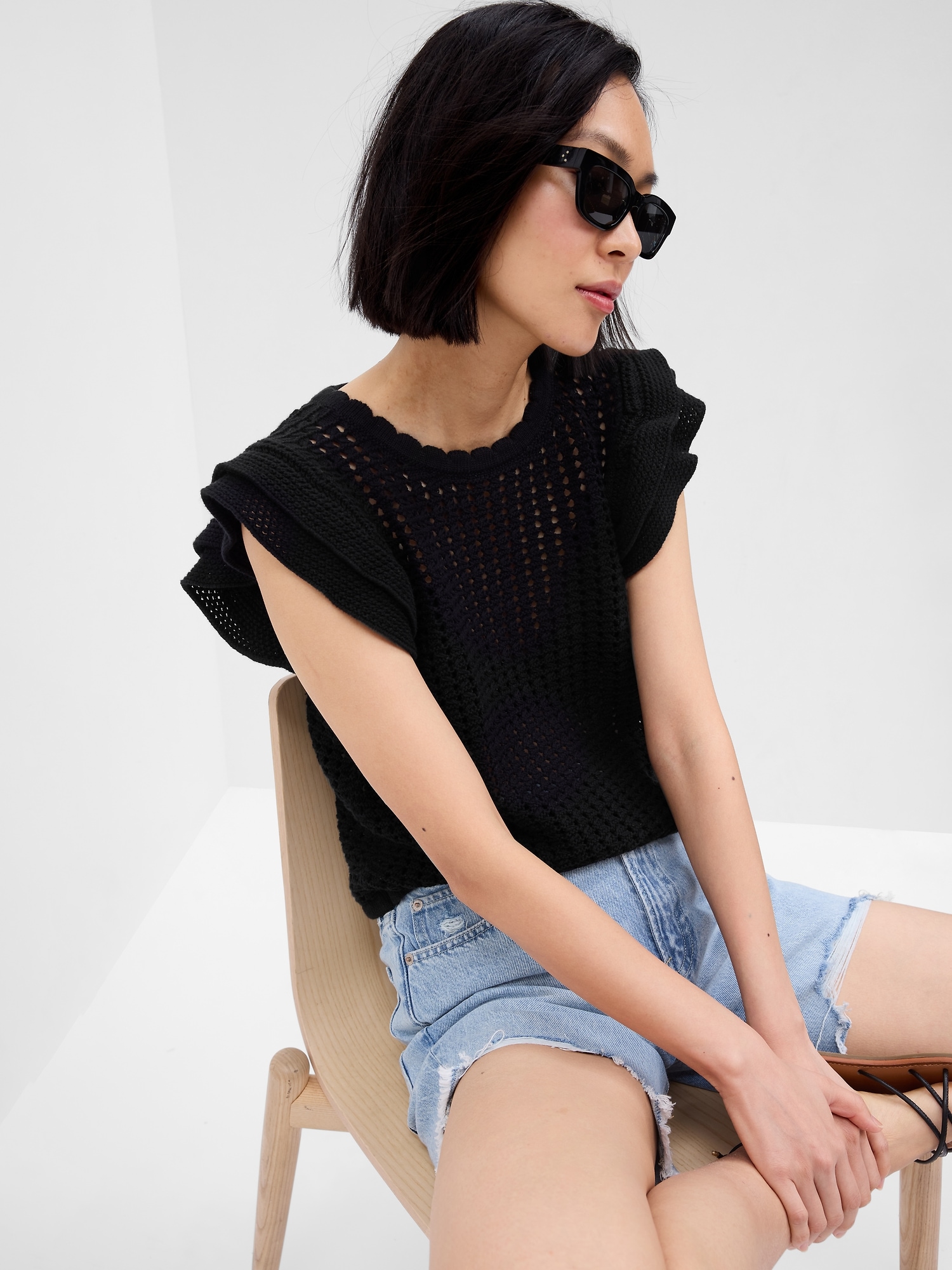 Flutter Sleeve Crochet Sweater | Gap