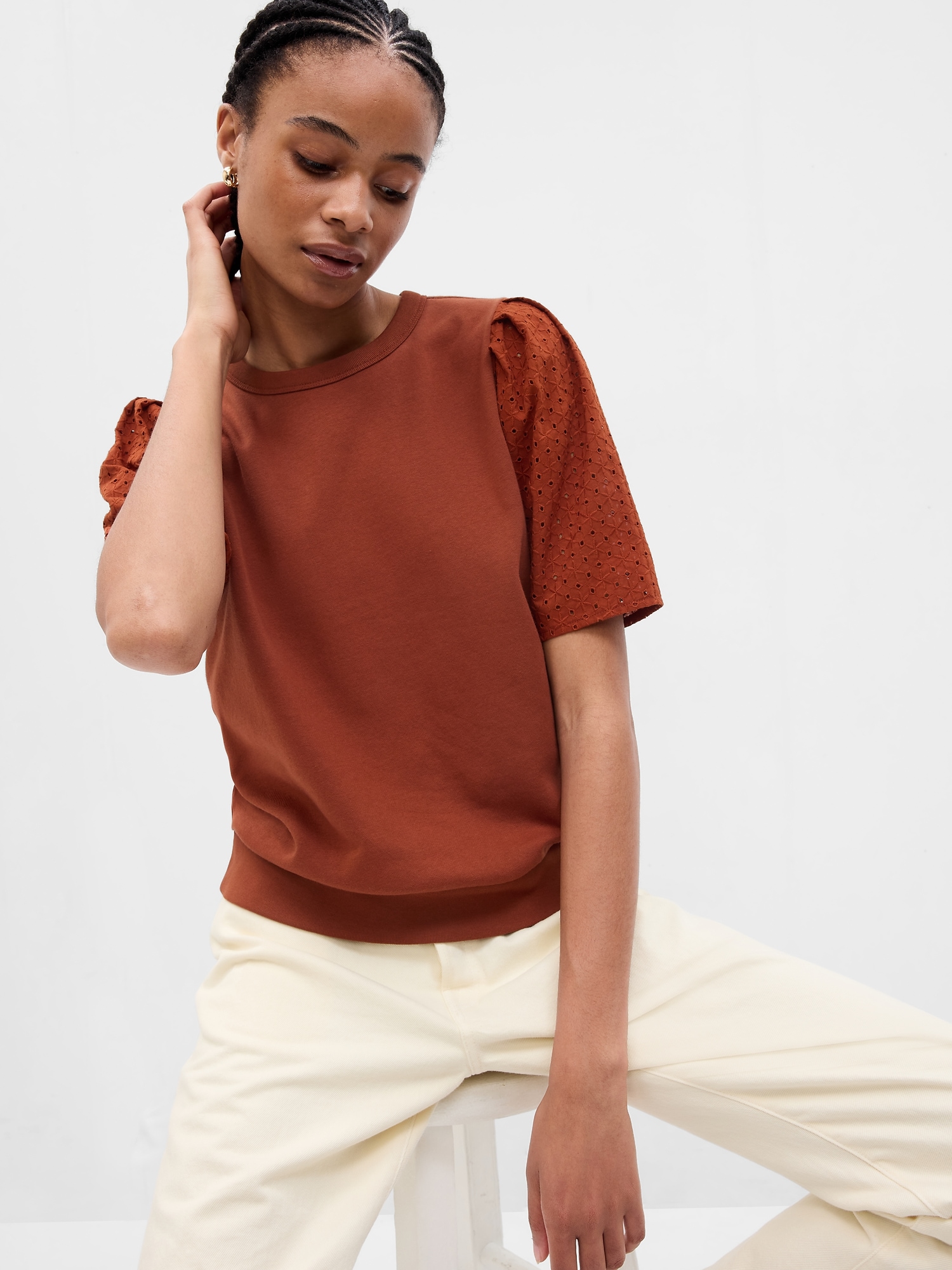 VintageSoft Eyelet Puff-Sleeve Sweatshirt | Gap