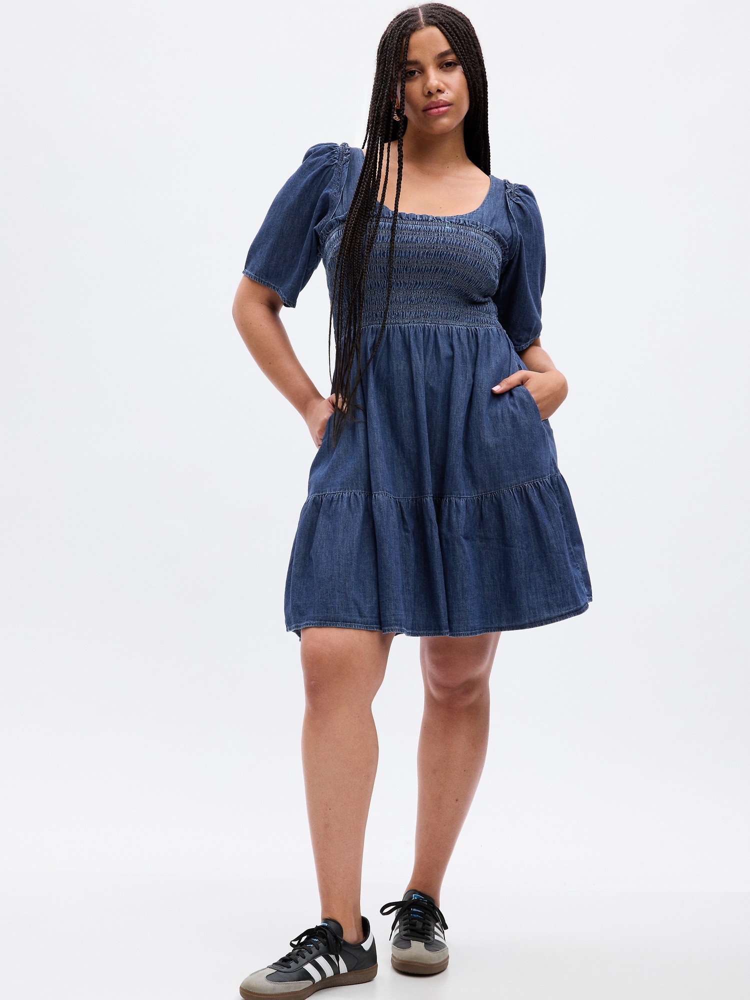 Smocked Denim Mini Dress Gap