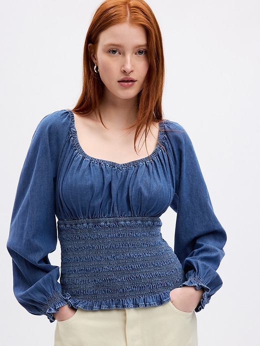 Puff Sleeve Smocked Denim Top | Gap