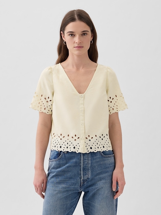 Linen-Blend Cropped Eyelet Shirt | Gap