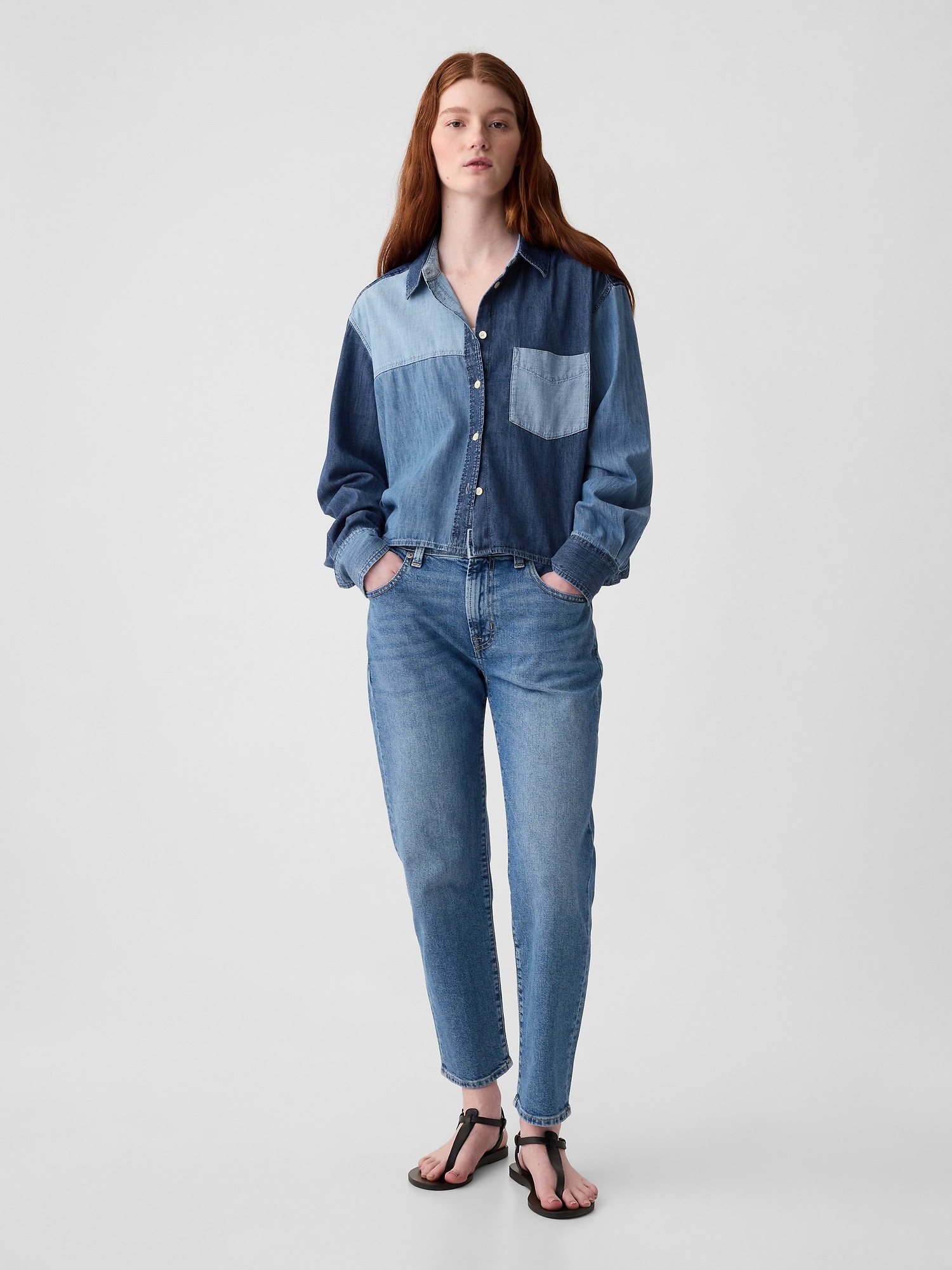 Cropped Patchwork Denim Shirt | Gap