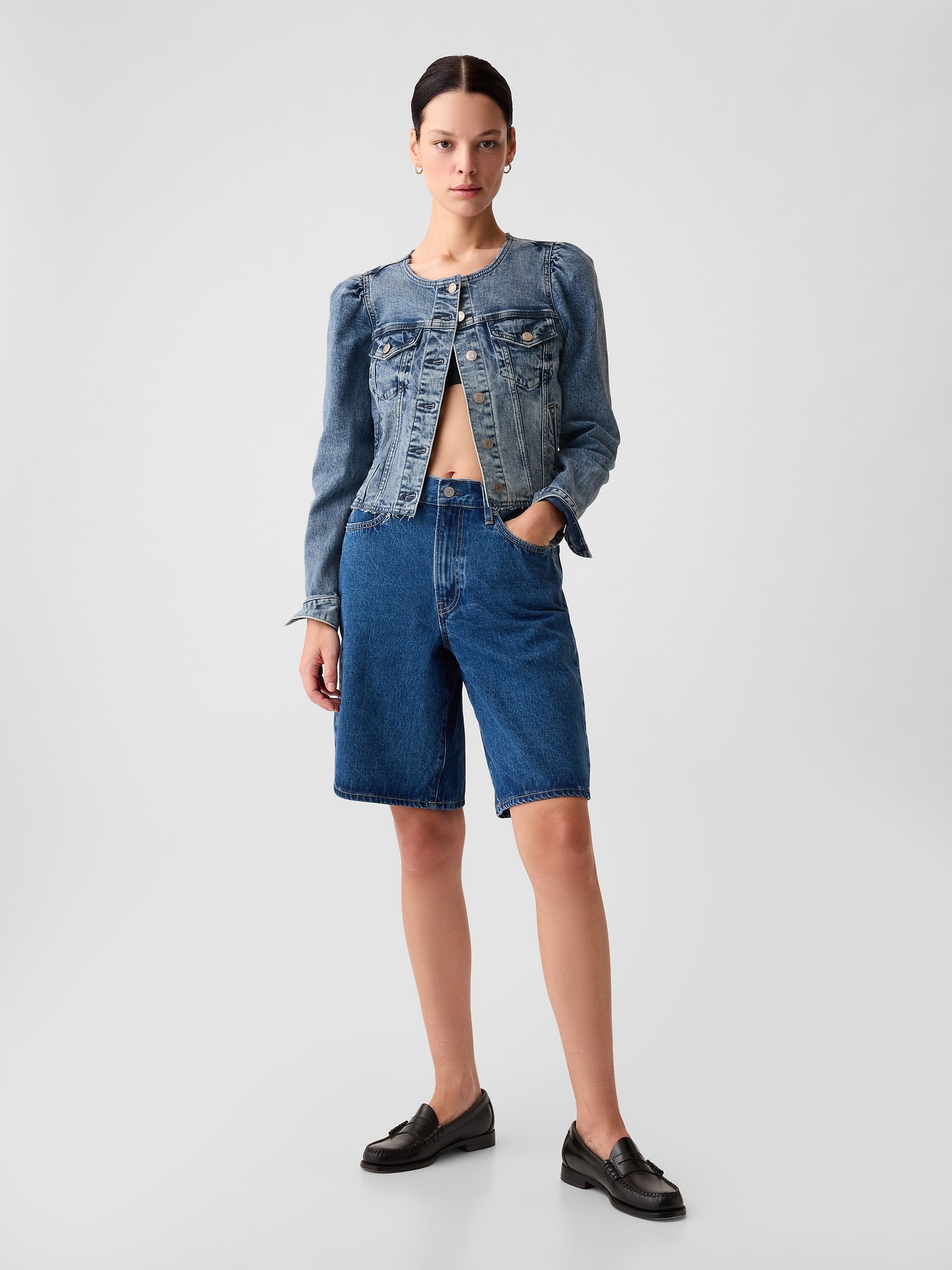 Collarless Cropped Icon Denim Jacket | Gap