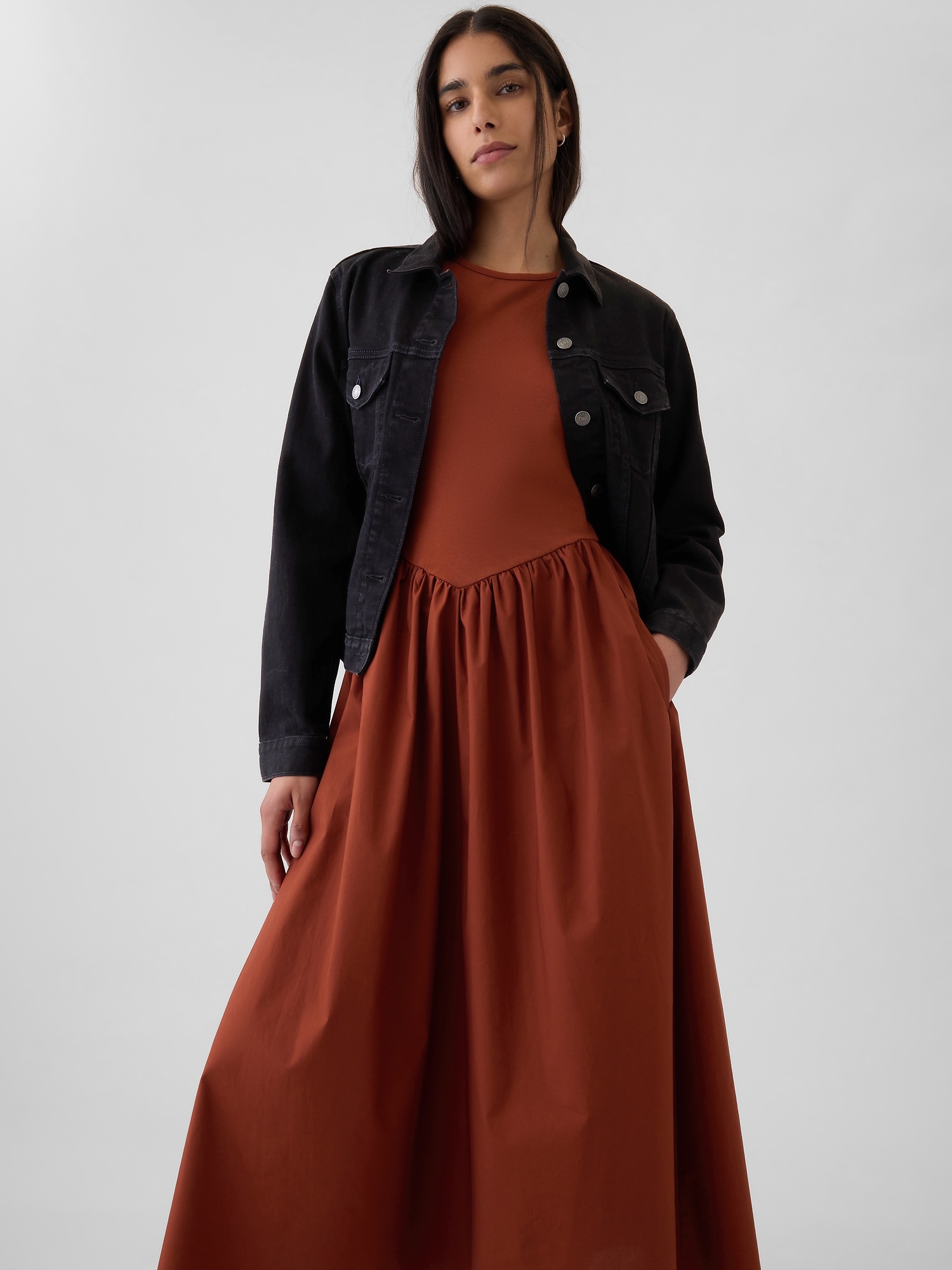 Drop-Waist Mixed Media Midi Dress | Gap